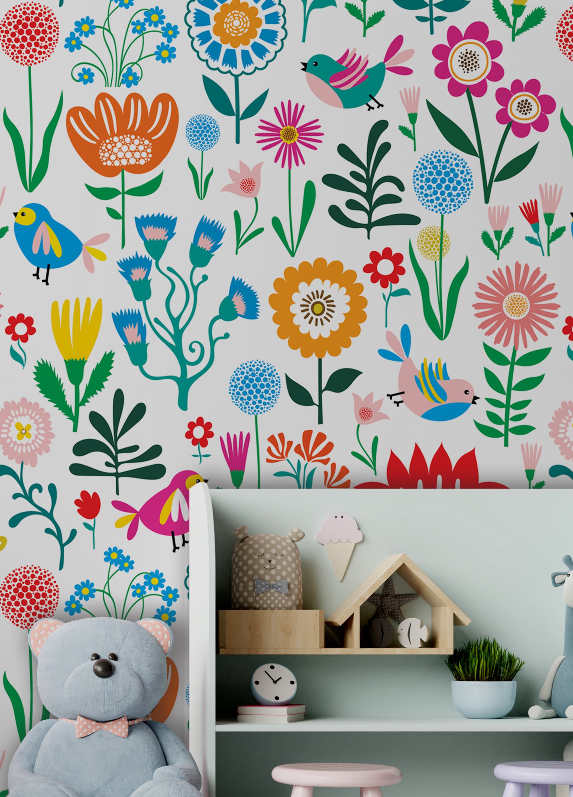 Cute Colorful Floral Wallpaper With Birds || for Kids, Self Adhesive ...