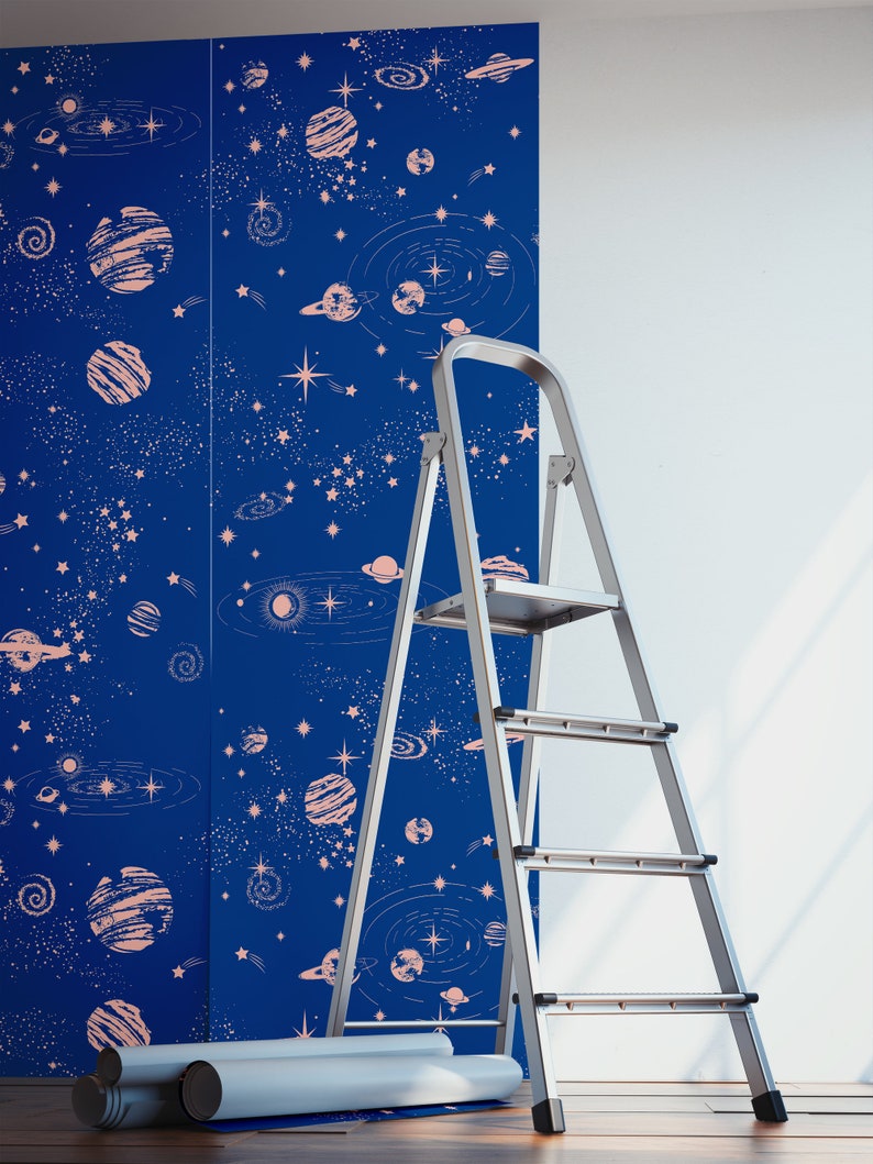 Blue Astro Wallpaper With Planets and Galaxies Self Adhesive | Etsy