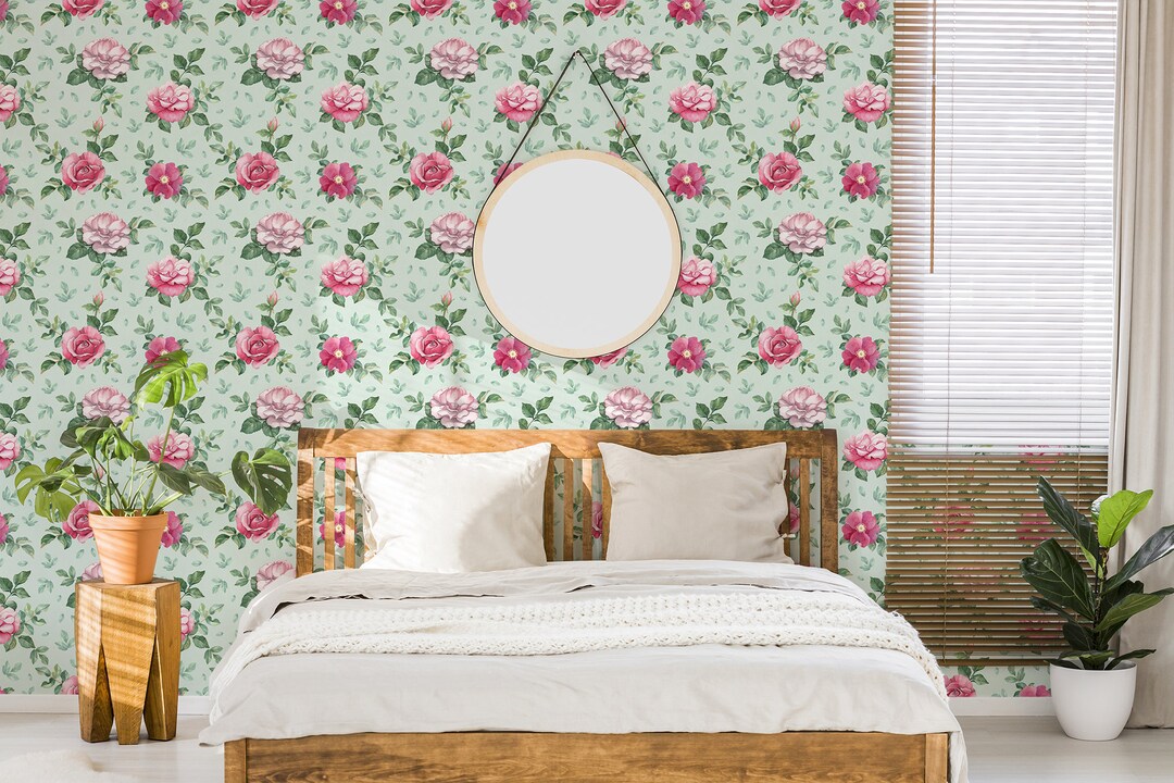 Mint Green Wallpaper With Watercolor Pink Roses || Peel and Stick ...