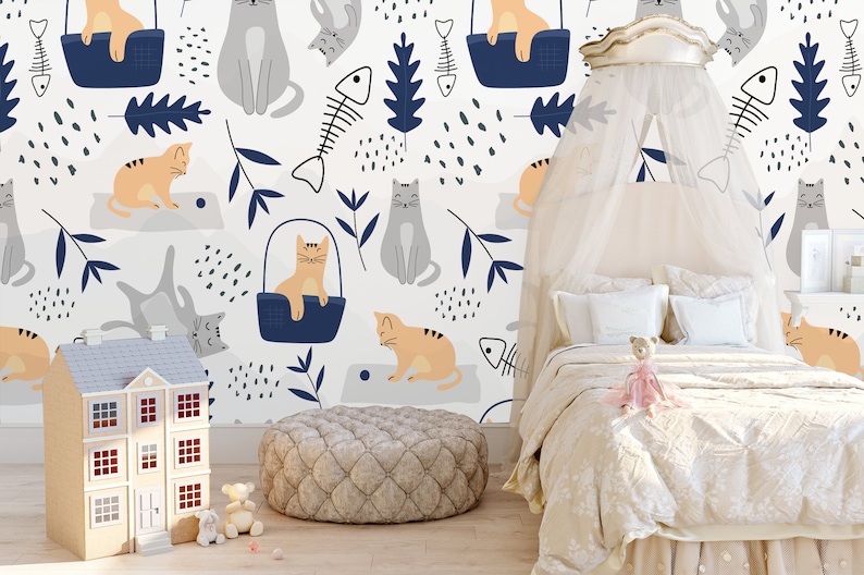 Cute Cats and Fish-bones Wallpaper || for Kids, Self Adhesive, Peel and ...