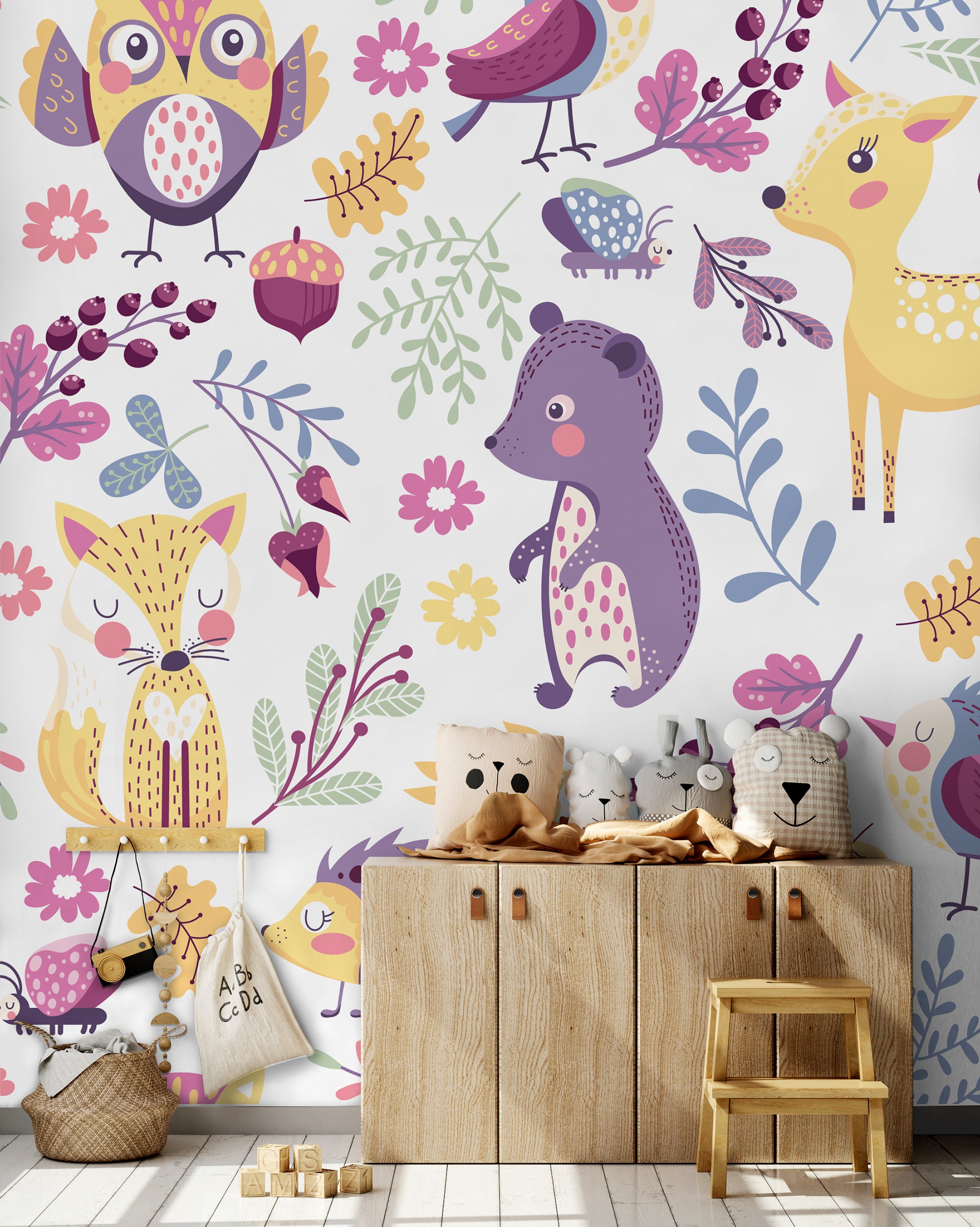 Colorful Cartoon Wallpaper With Forest Animals and Flowers | Etsy