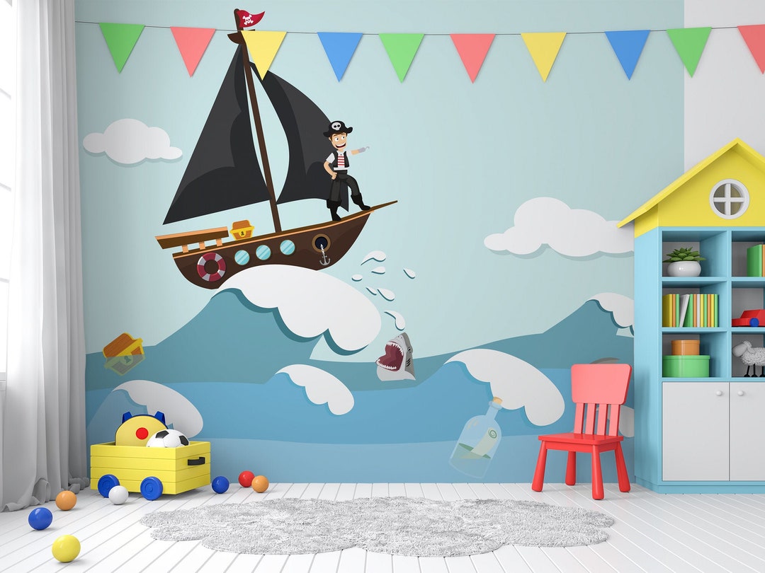 Cartoon Wallpaper With Pirate Ship on Sea || for Kids, Self Adhesive ...