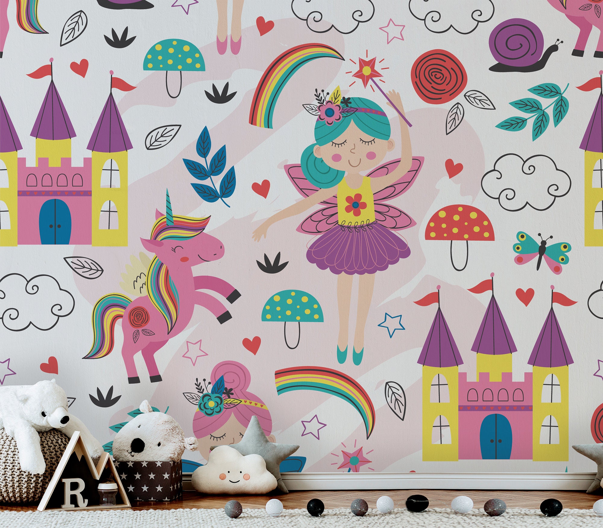 Magical Wallpaper With a Fairy and Unicorn Pattern for | Etsy