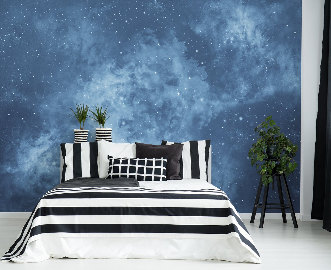 Blue Wallpaper With Stars and Stardust, Self Adhesive, Peel and Stick ...