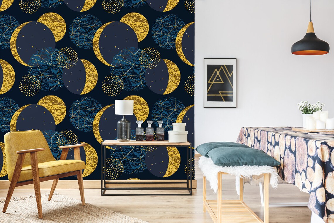 Navy Wallpaper With Moon Pattern Self Adhesive Peel and - Etsy