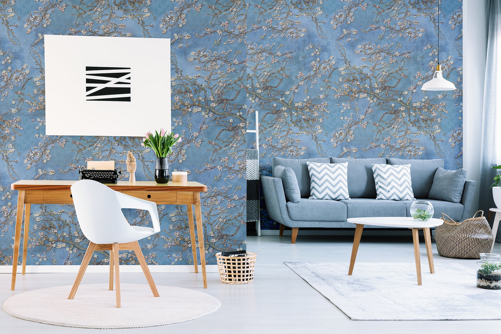 Blue Wallpaper With Blooming Cherry Flowers, Self Adhesive, Peel and ...