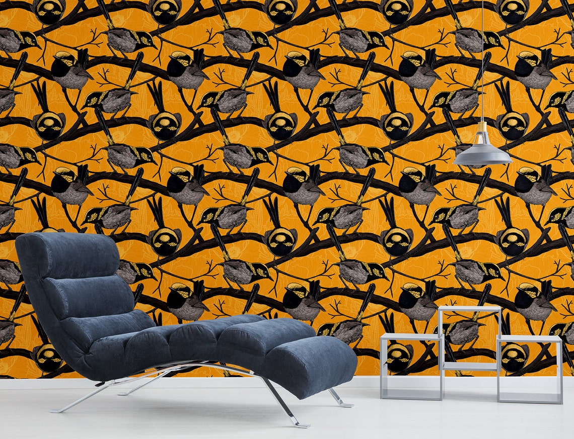 Orange and black wallpaper with bird pattern self adhesive | Etsy