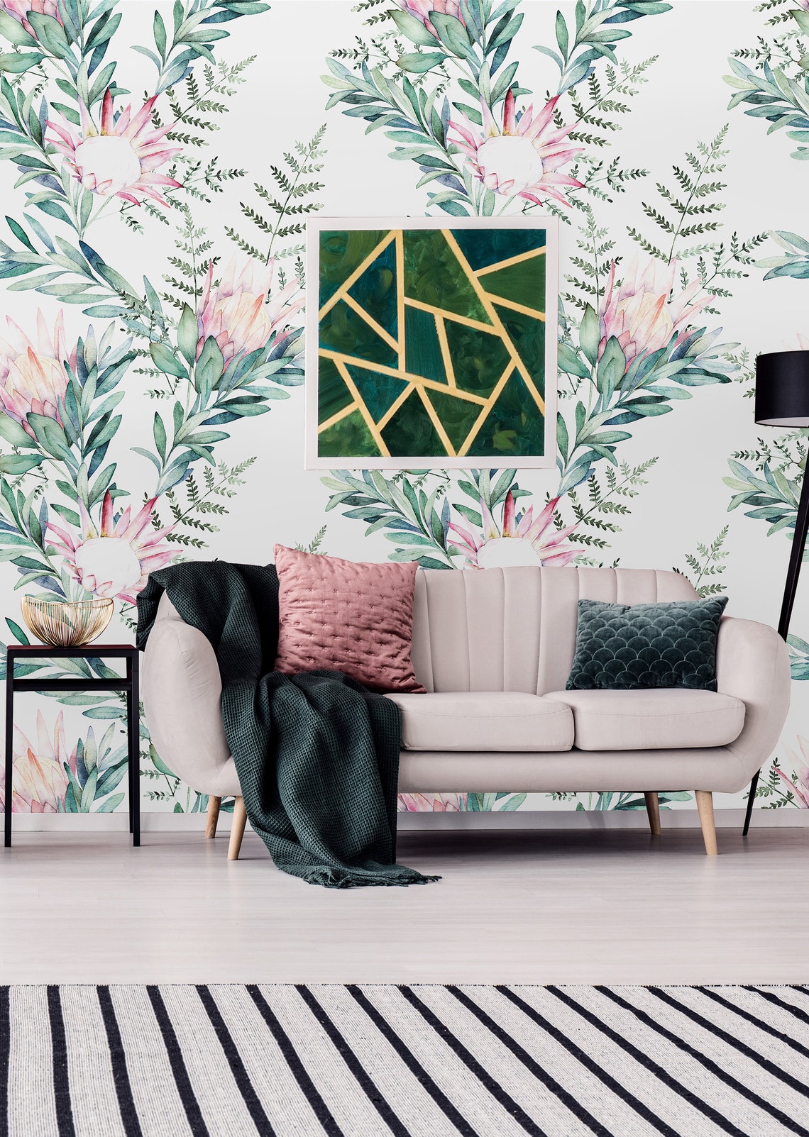 Botanical Wallpaper With Green Leaves & Pink Flowers Self - Etsy