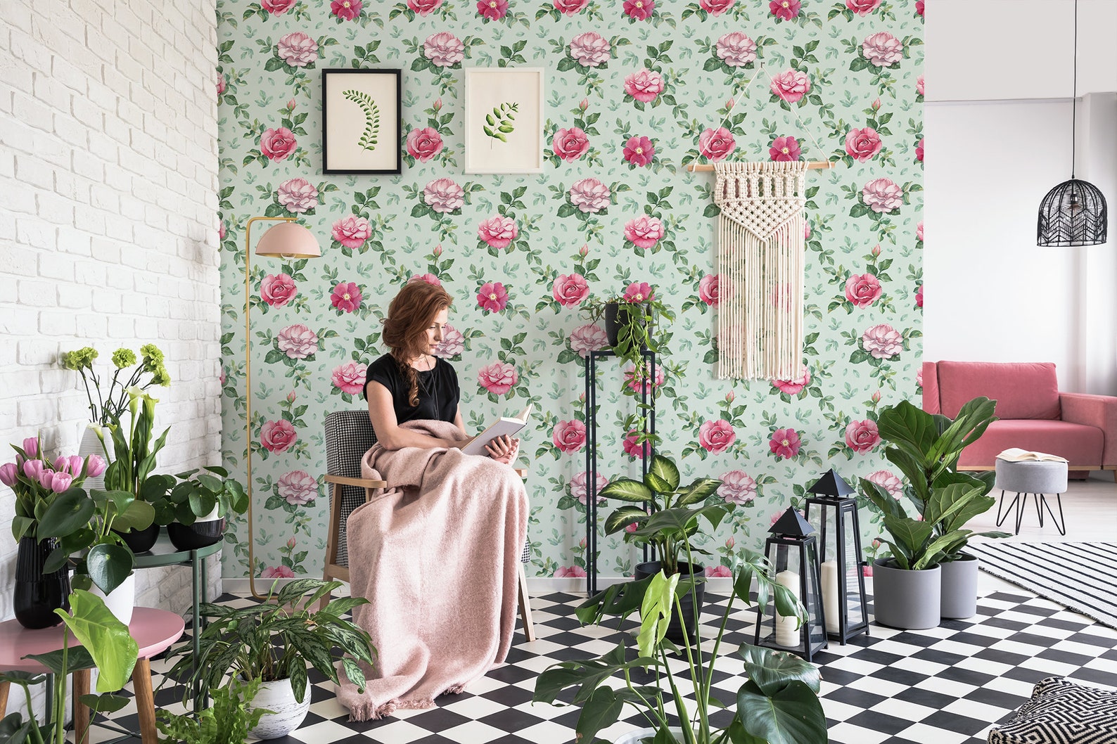 Mint Green Wallpaper With Watercolor Pink Roses Peel and Stick Floral ...