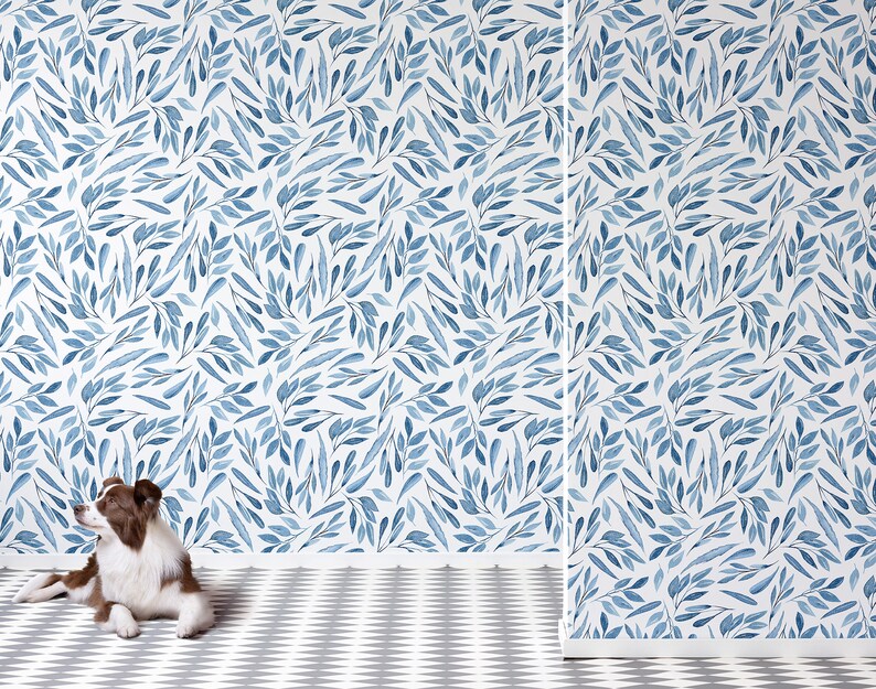 Watercolor Wallpaper With Small Blue Leaf Pattern Self | Etsy