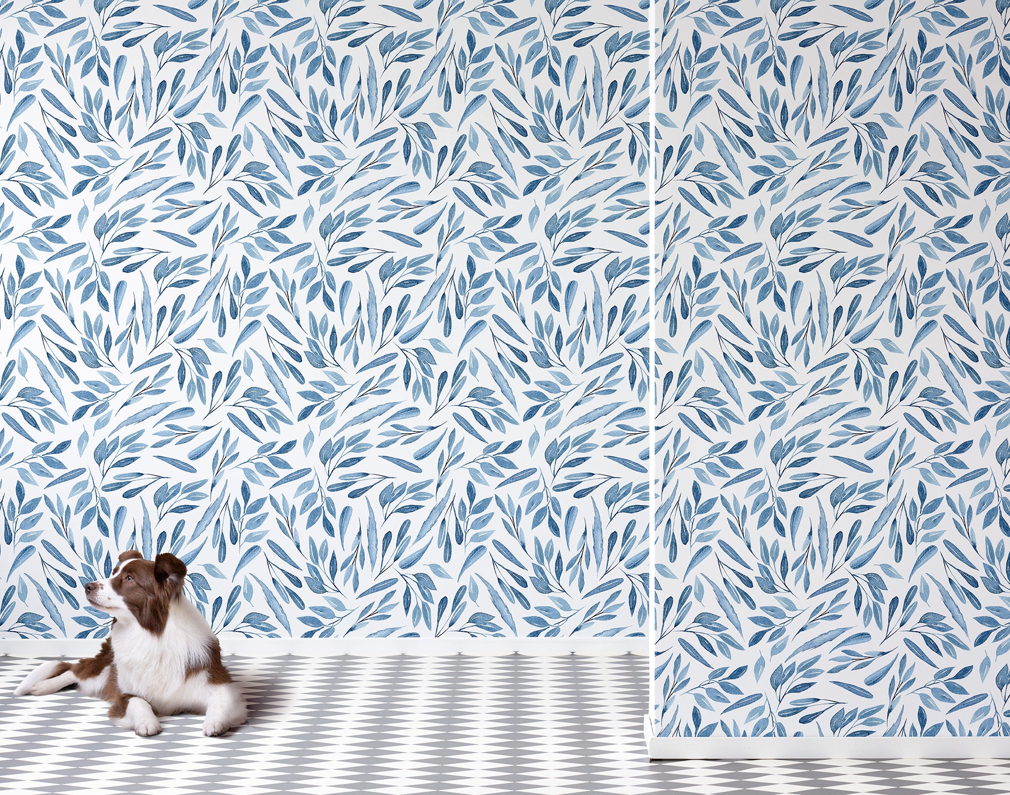 Watercolor Wallpaper With Small Blue Leaf Pattern Self - Etsy