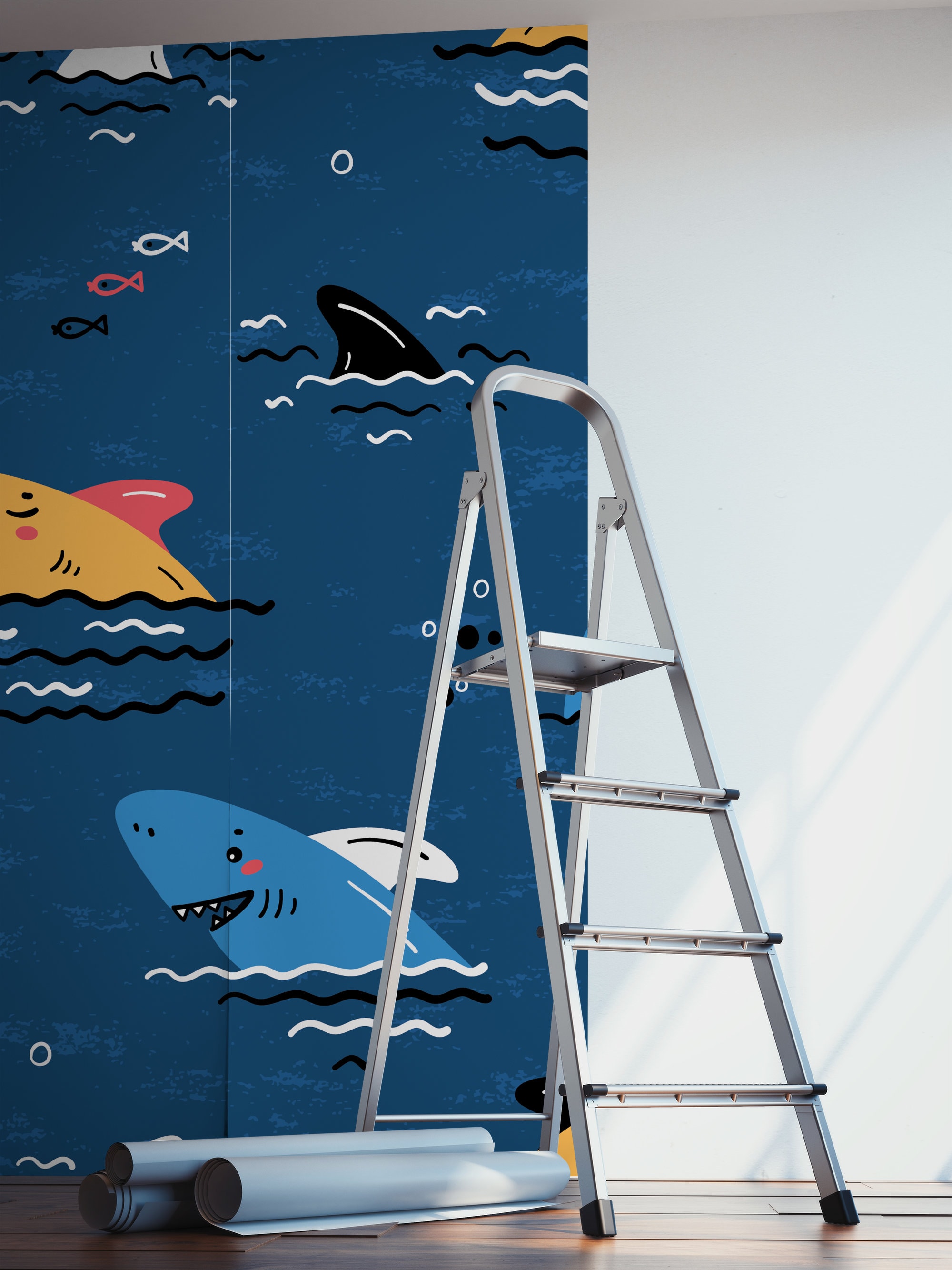 Ocean Full of Funny Sharks Cartoon Wallpaper for Kids | Etsy