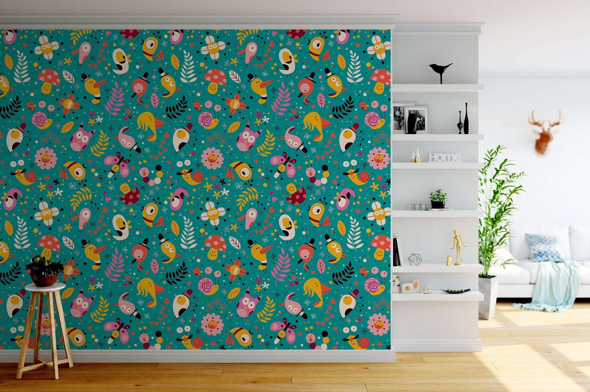 Blue Wallpaper With Colorful Cartoon Floral and Animal Pattern || for ...