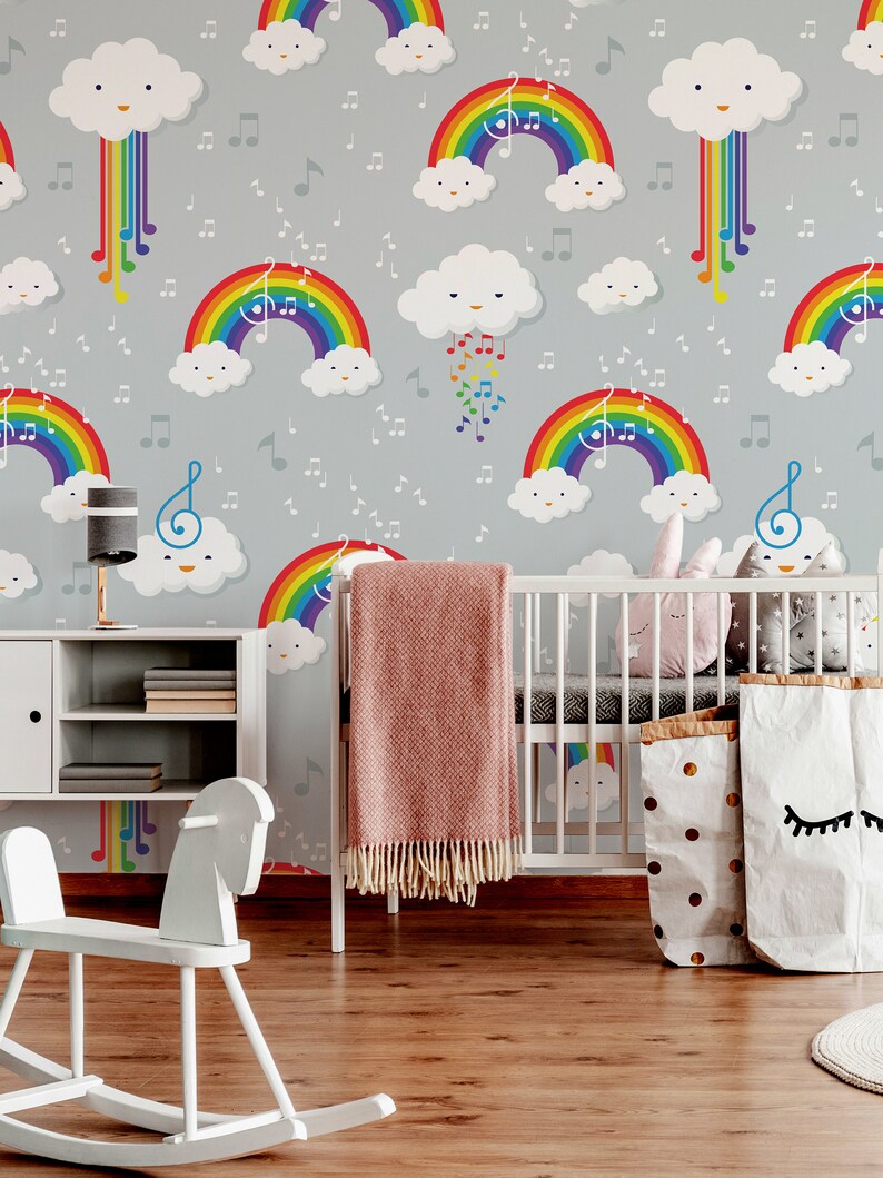 Gray Wallpaper With Rainbows and Clouds, Wallpaper for Kids, Self ...