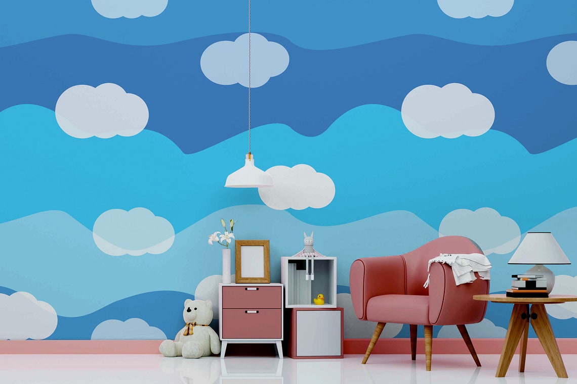 Vector Wallpaper With Blue Sky and Clouds for Kids Self - Etsy