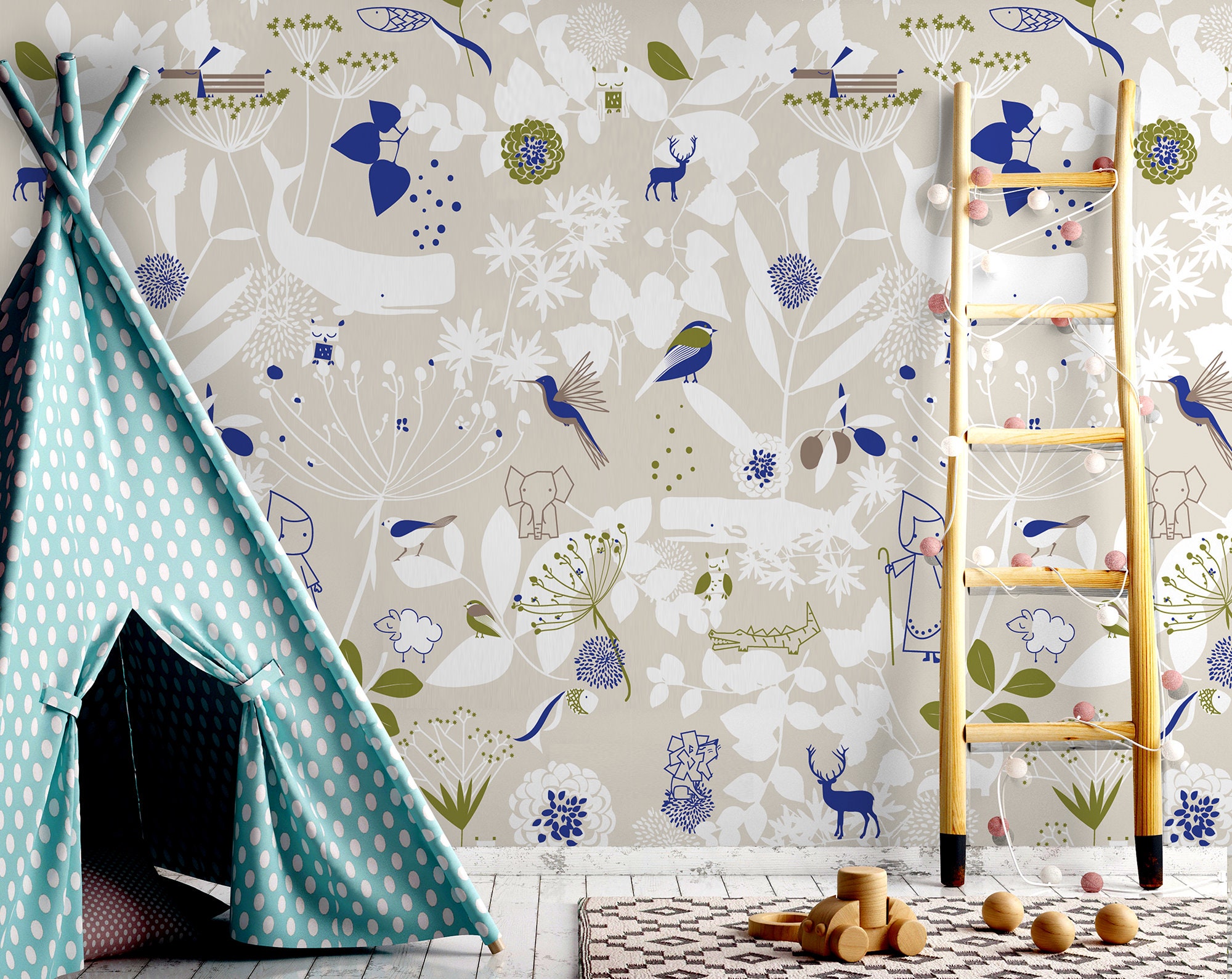 Gray Wallpaper With Nature Pattern Wallpaper for Kids Self - Etsy