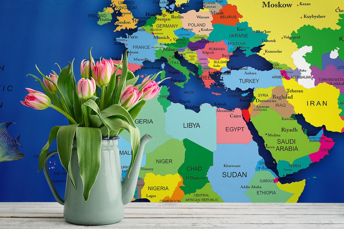 Underwater World Map Wallpaper With Fishes and Dolphins, Self Adhesive ...