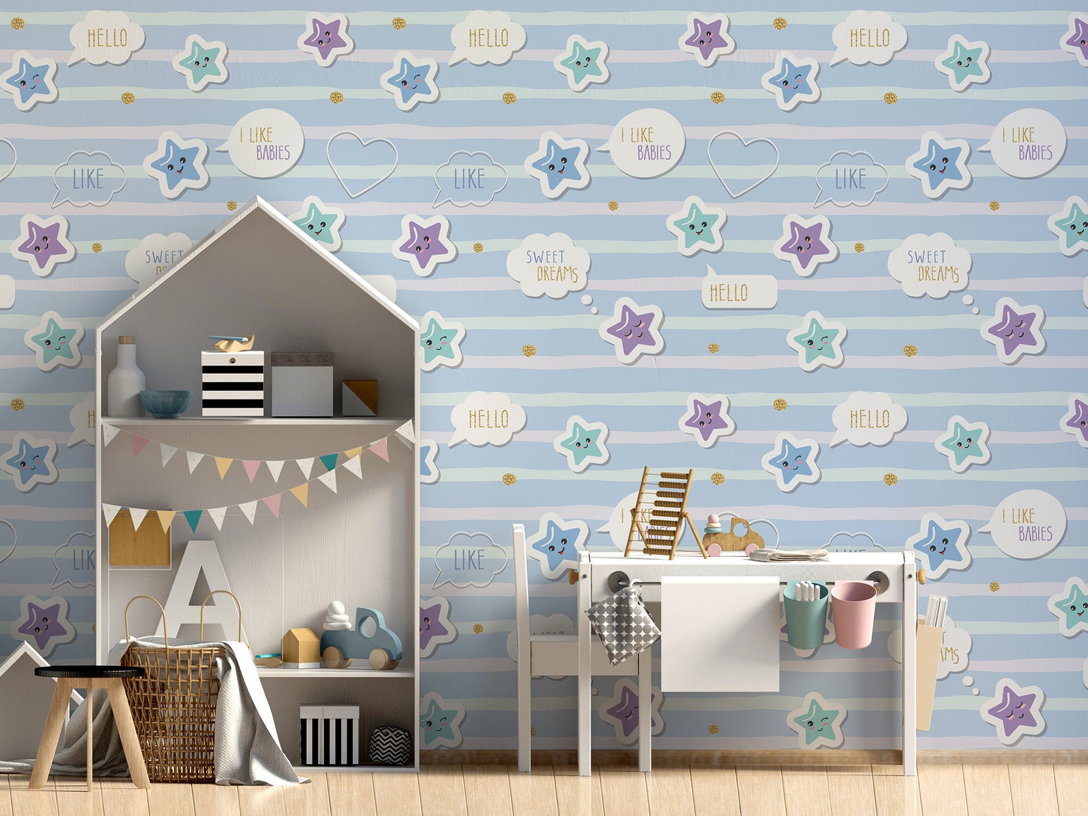 Baby Blue Wallpaper With Star and Linear Pattern for Kids, Nursery ...