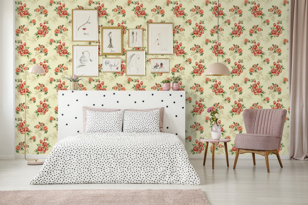 Yellow Wallpaper With Small Red Floral Pattern, Self Adhesive, Peel and ...