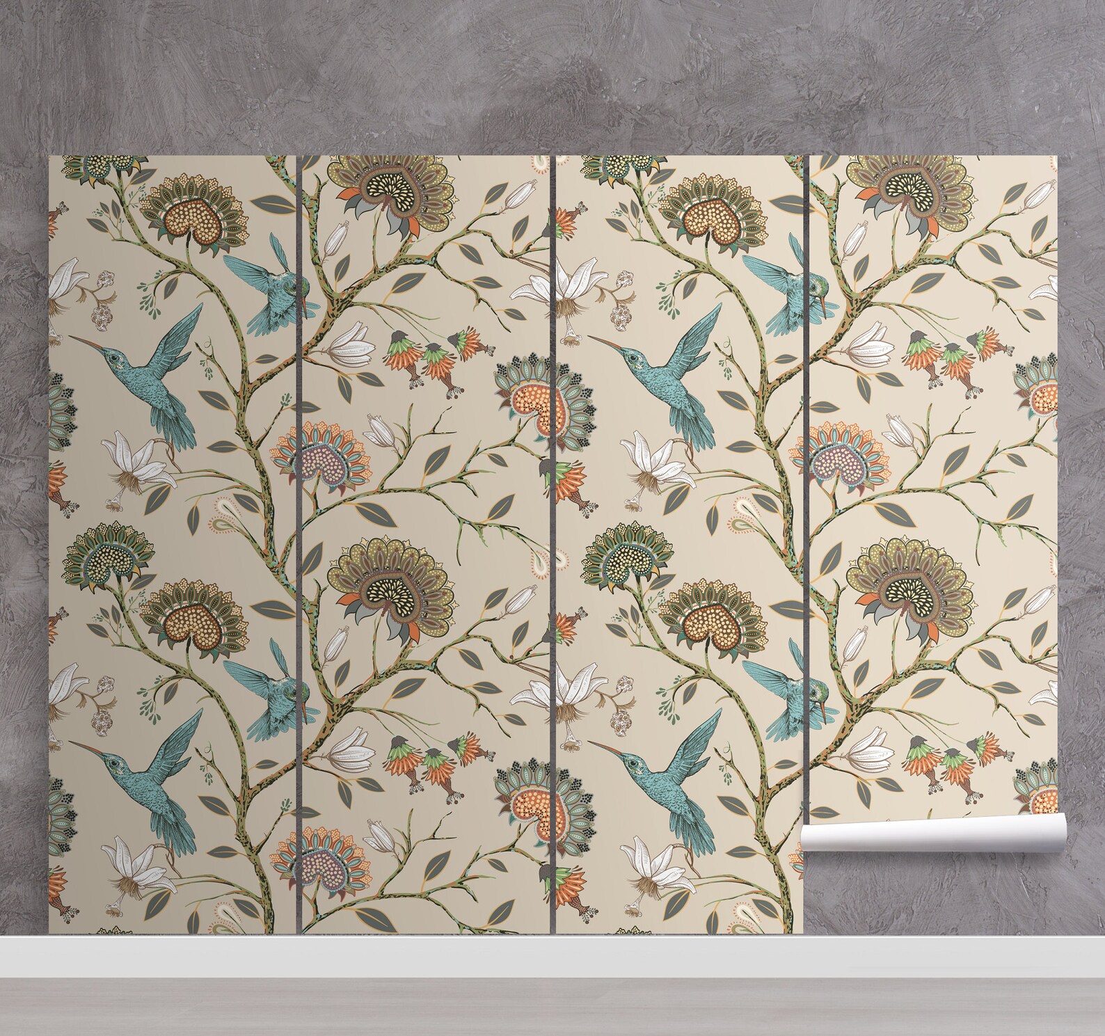 Beige Wallpaper With Humming Birds & Blooming Branches Self - Etsy