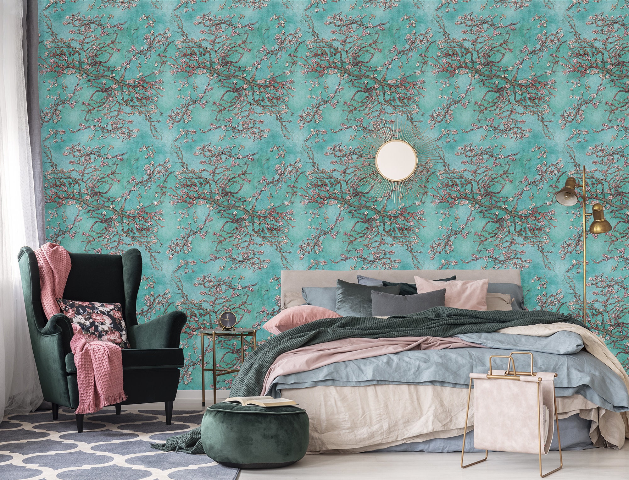 Blue Wallpaper With Blooming Cherry Tree Pattern || Peel and Stick ...