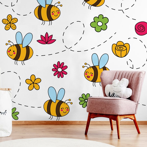 Wallpaper With Bees and Flowers - Etsy