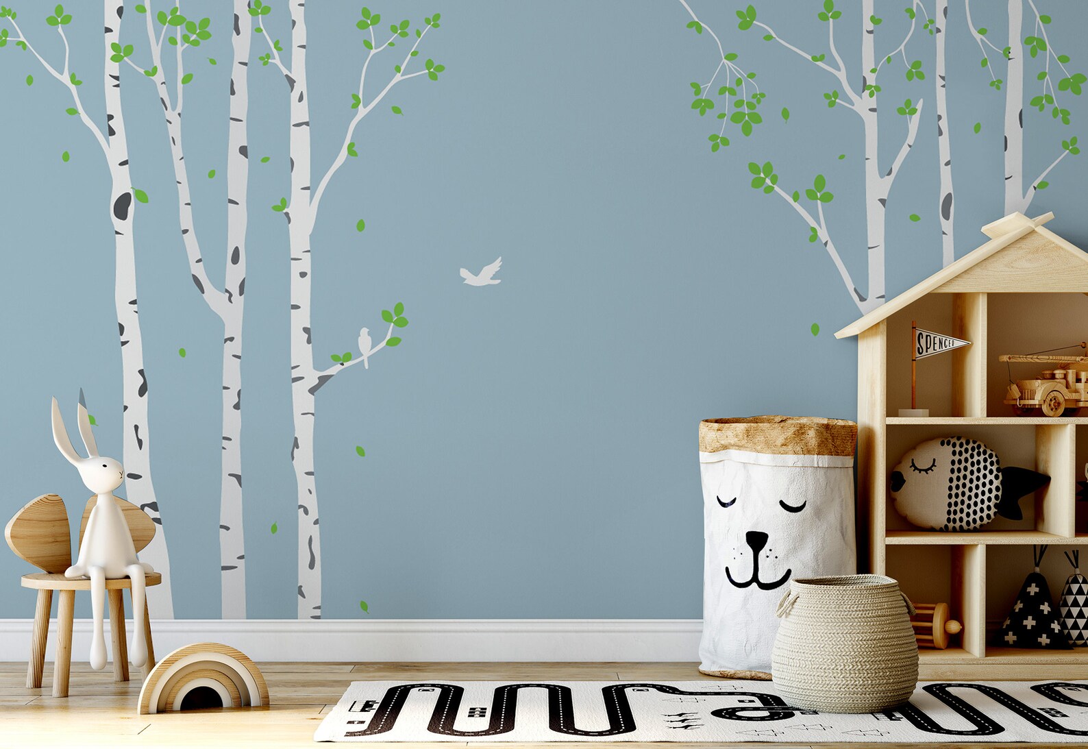 Light Blue Wallpaper With Birch Trees and Birds for Kids - Etsy