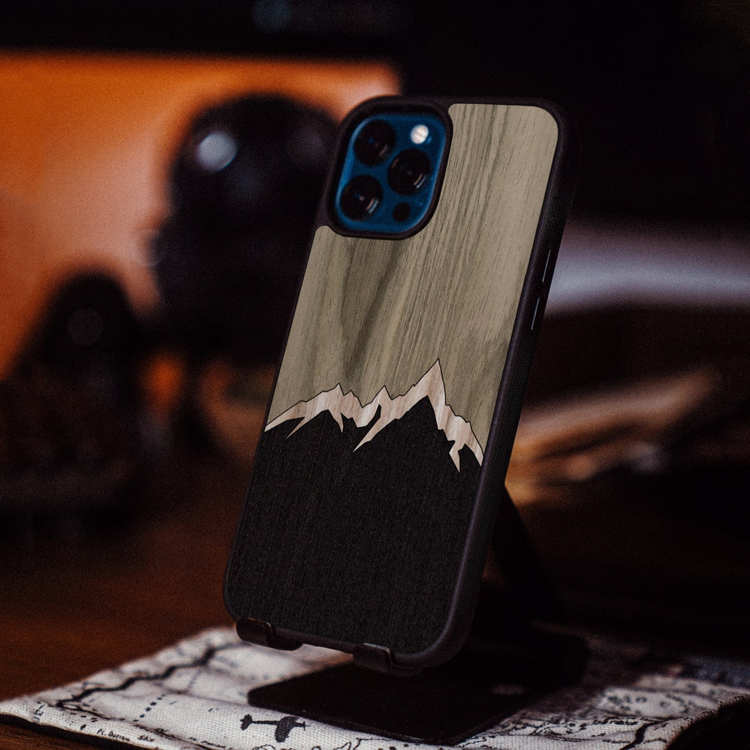 IPhone Protective Case Gray Mountains Natural Wood for iPhone 16 15 14 ...