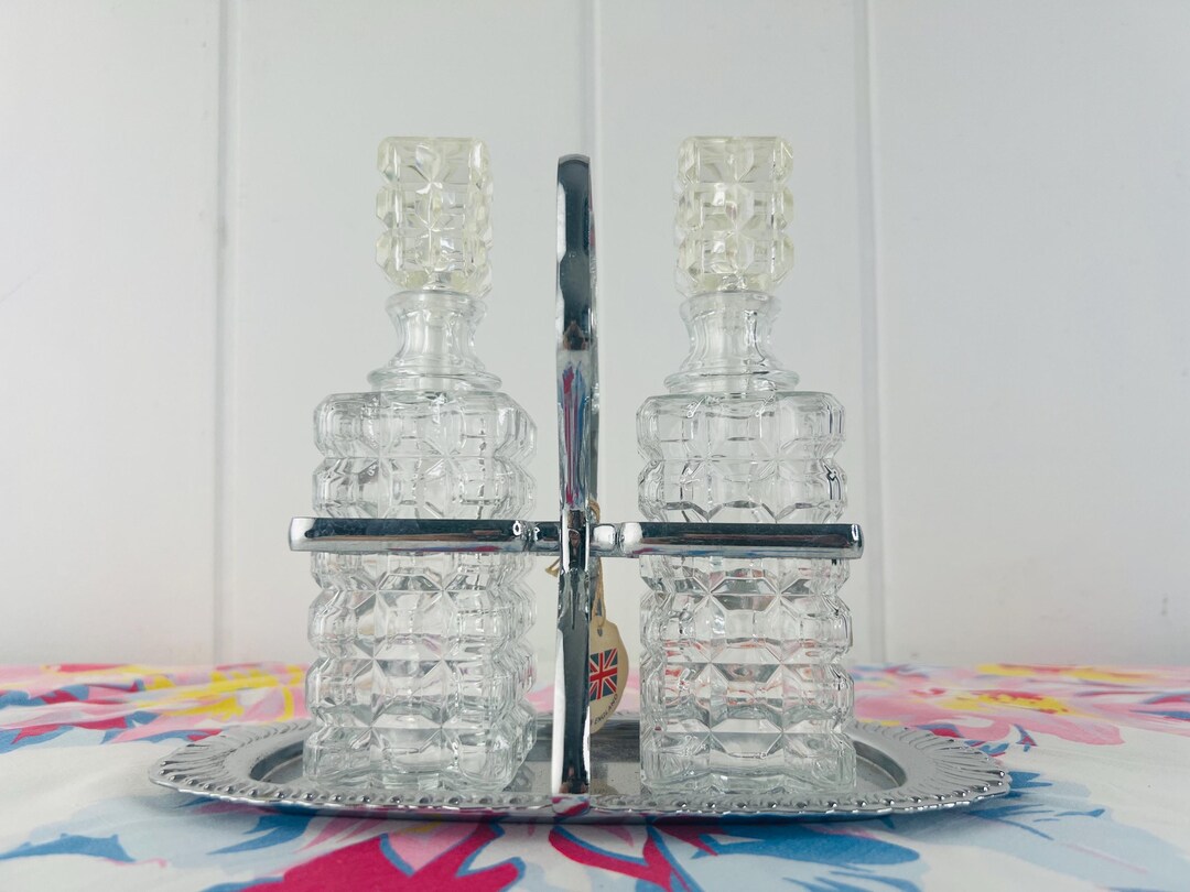 Vintage Mayell Cruet Set, Diamond Point Glass, Chromium Plate Tray - Etsy