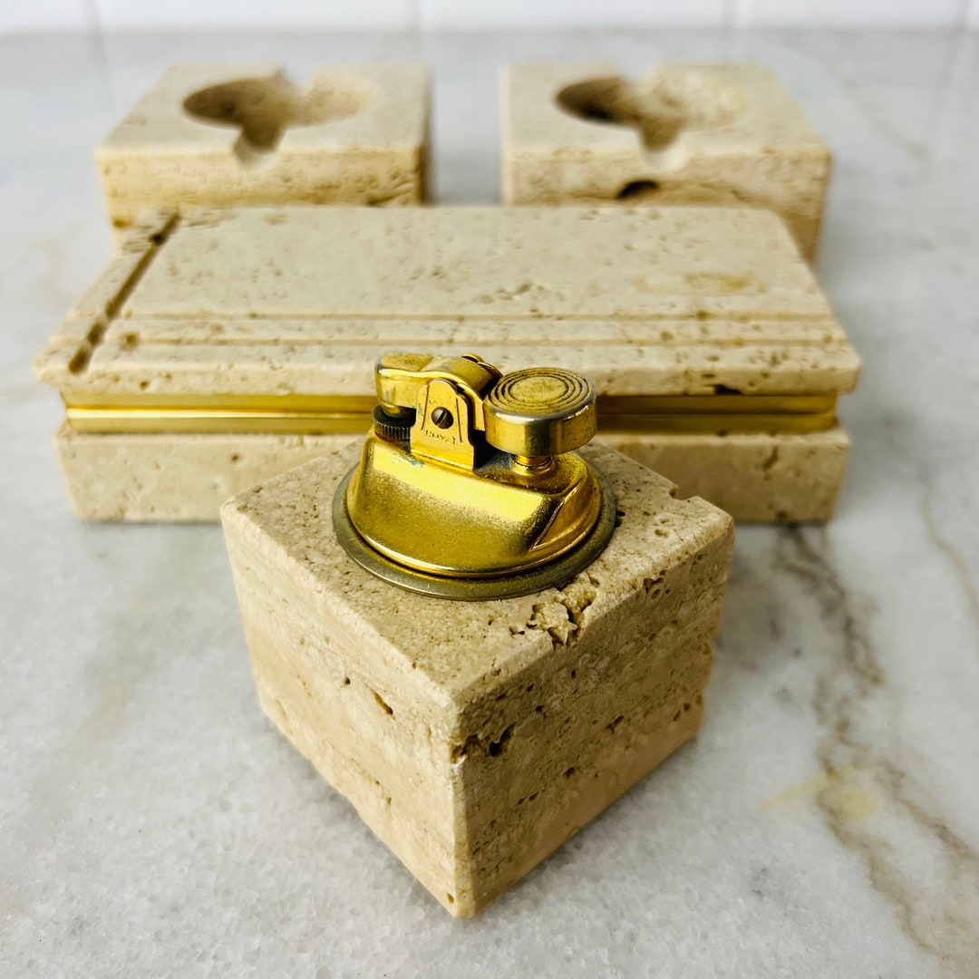 Vintage Cigarette Box With Ashtrays, Lighter, Art Deco, Stone, Brass ...