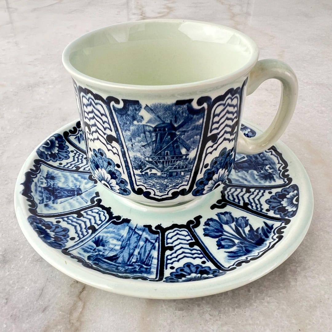 Vintage Boch Old Dutch Teacup and Saucer, 1960s Earthenware Teacup ...