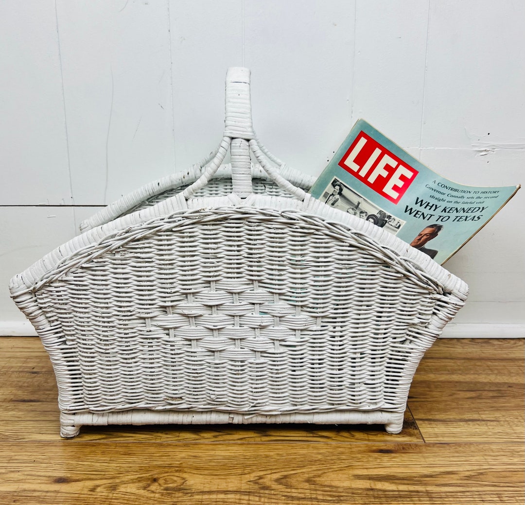Vintage Wicker Magazine Rack Holder, Handled, White Wash, Diamond, for ...