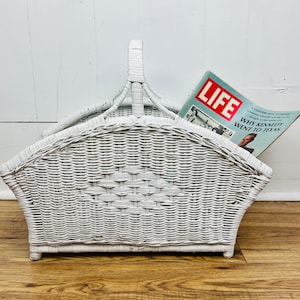 Vintage Wicker Magazine Rack Holder, Handled, White Wash, Diamond, for ...