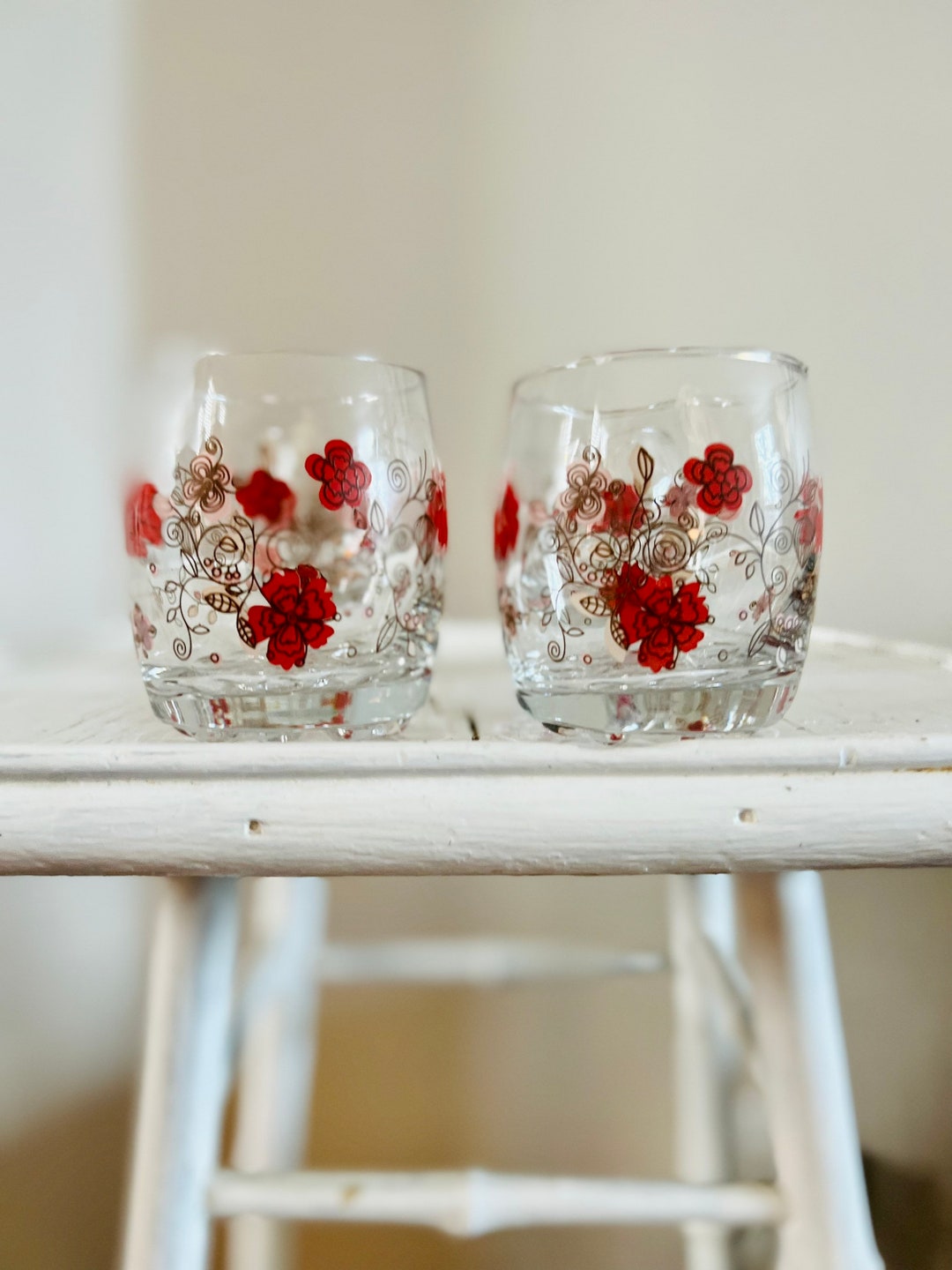Vintage Bormioli Rocco Glass Set of 4, Pink and Red Roses Design, Peg ...