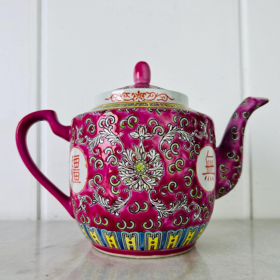 Vintage Chinese Mun Shou Rose Teapot With Enamel Wan Shou Wu Jiang ...