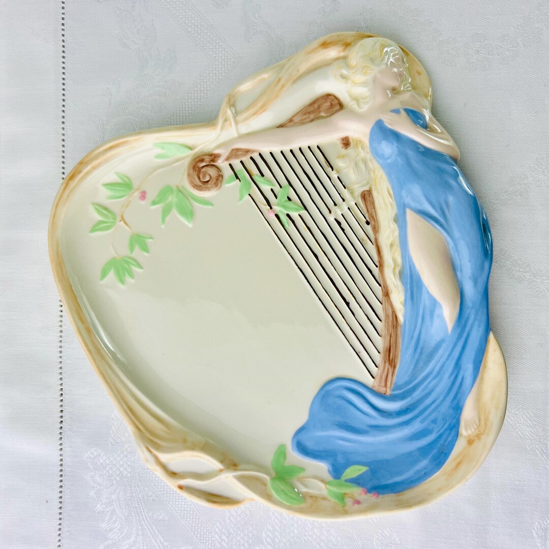 Antique Art Deco Maiden and Harp Trinket Tray, Hand Painted Vintage ...