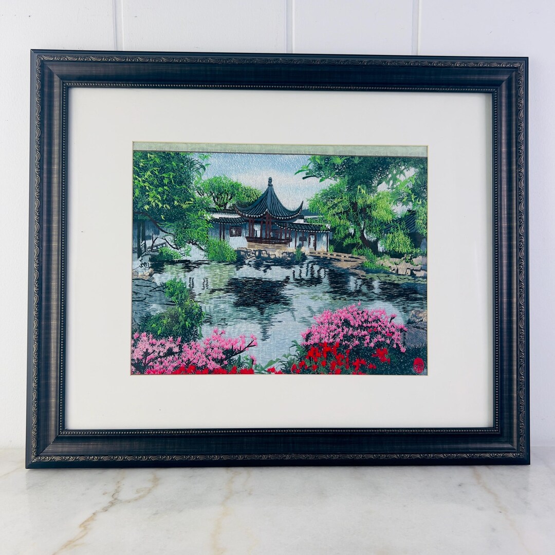 Vintage Asian Silk Thread Painting, Hand Embroidered, With Pagoda ...