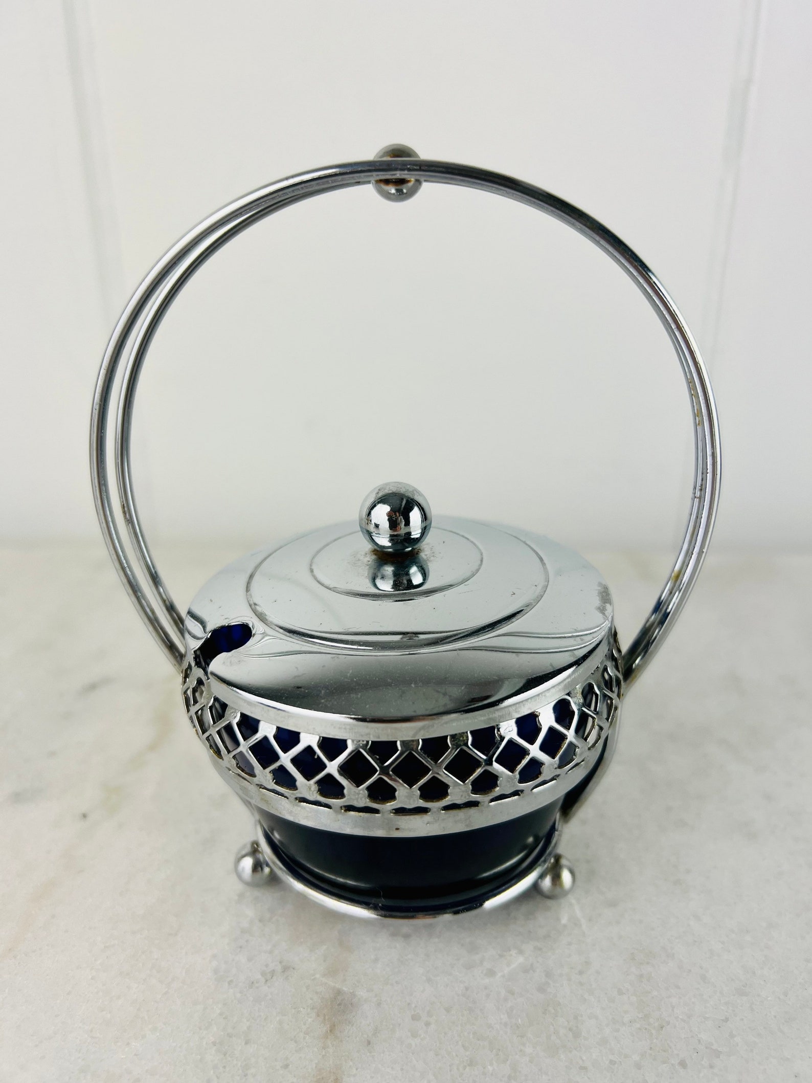 Vintage Mayell Chromium Sugar Bowl With Handle and Lid Cobalt Blue ...