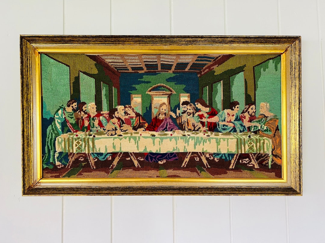 Large Vintage Needlepoint, Last Supper (leonardo Da Vinci) With Gold Wood Frame, Hand Crafted ...