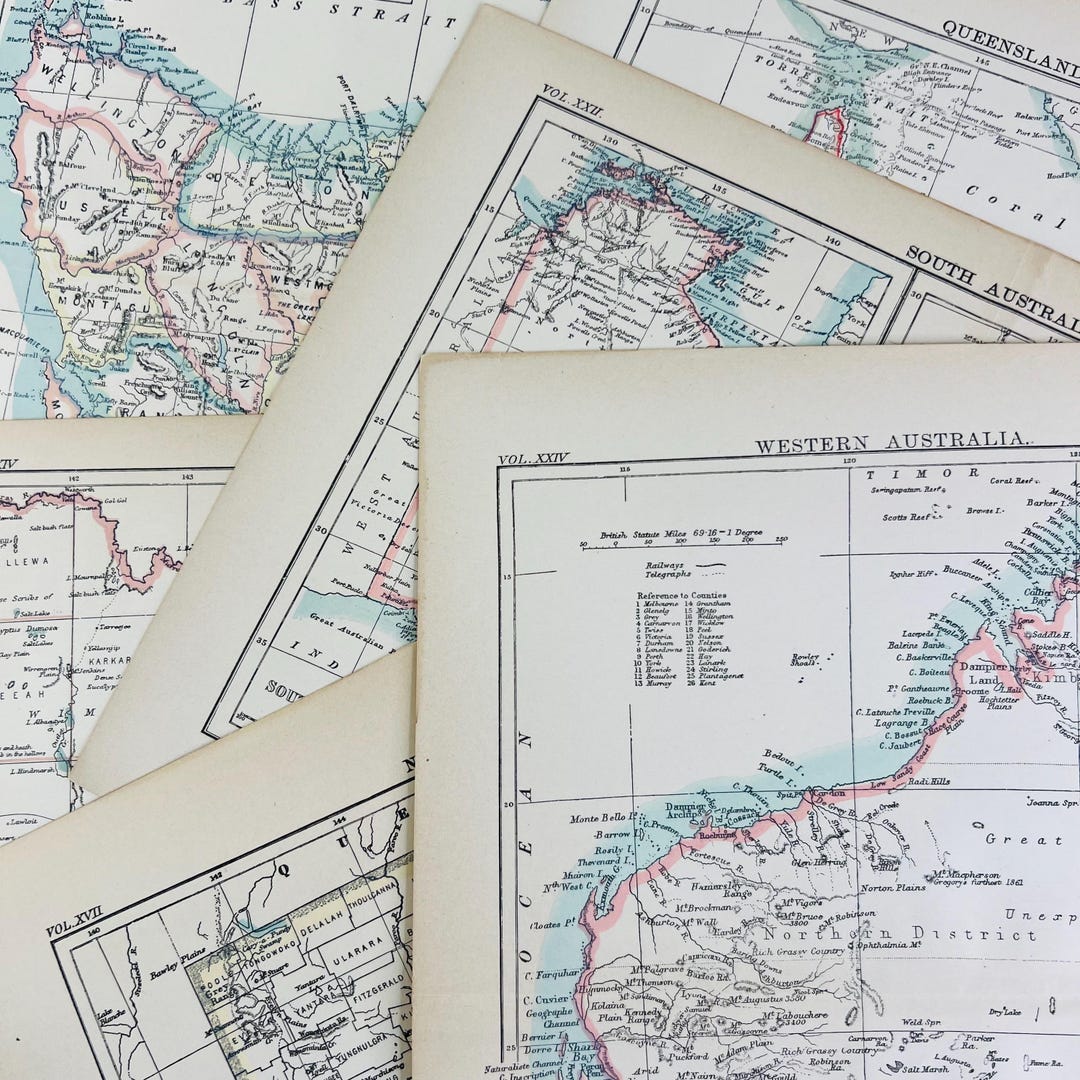Set of 6 Antique 1885 Maps of Australia From Encyclopedia Britannica, Scribners Historical Map ...