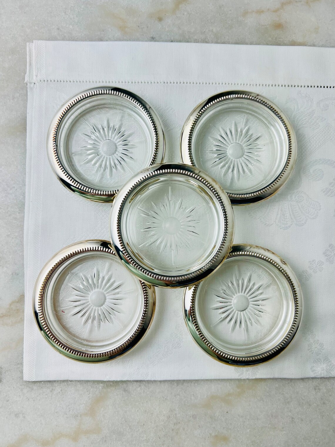 Vintage Silverplate Glass Coasters, Starburst Design, Art Deco Barware ...