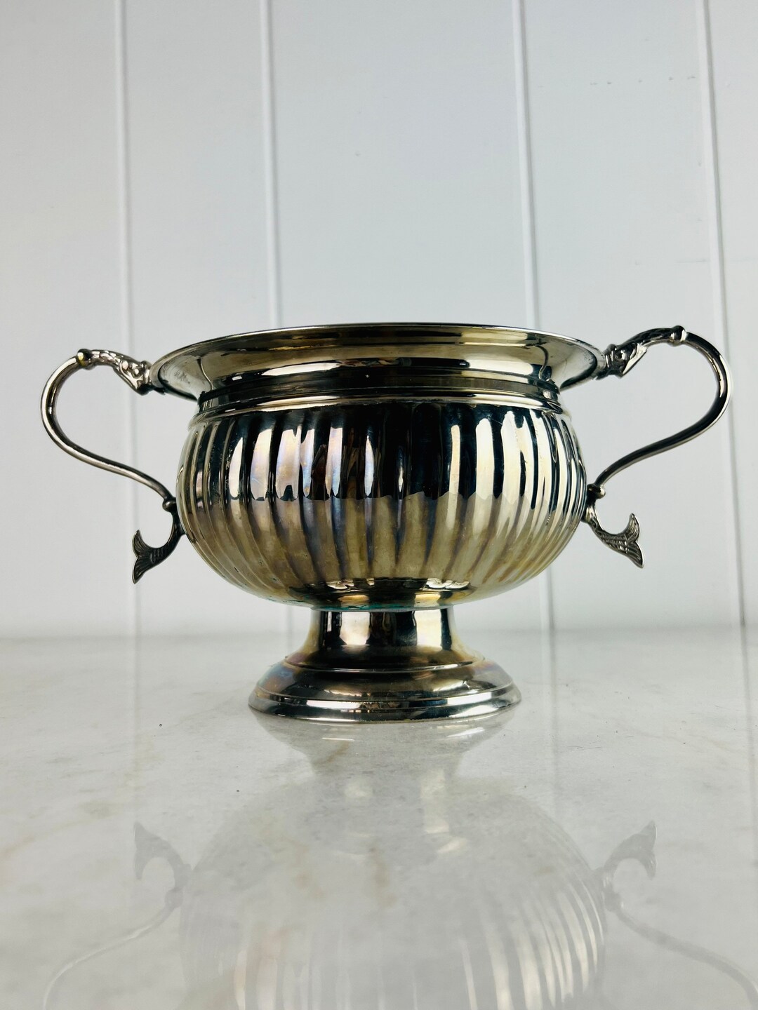 Vintage Silver Ice Bucket Trophy Shape With Fish Handles, Ribbed Body ...
