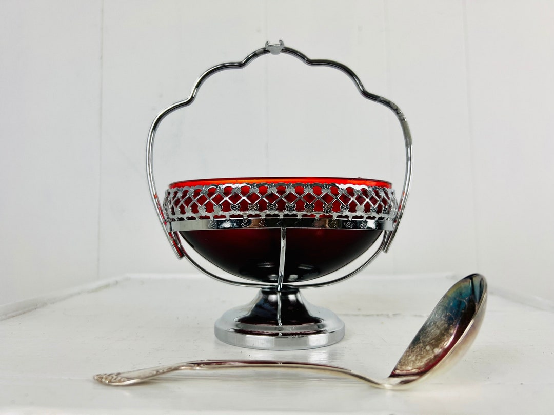 Vintage Silver and Red Glass Bowl With Spoon, for Sugar, Jam, Sauce ...