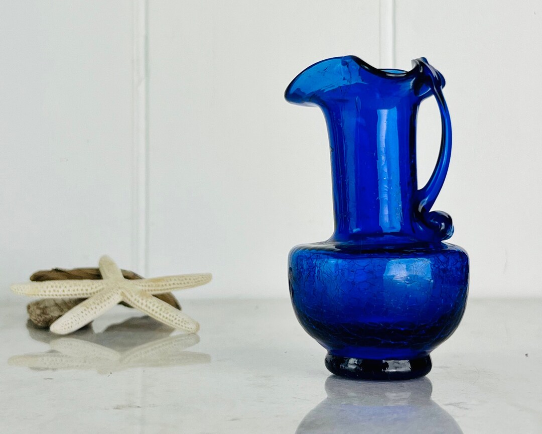 Vintage 1950s Cobalt Blue Pitcher With Handle, Hand Blown Art Glass ...