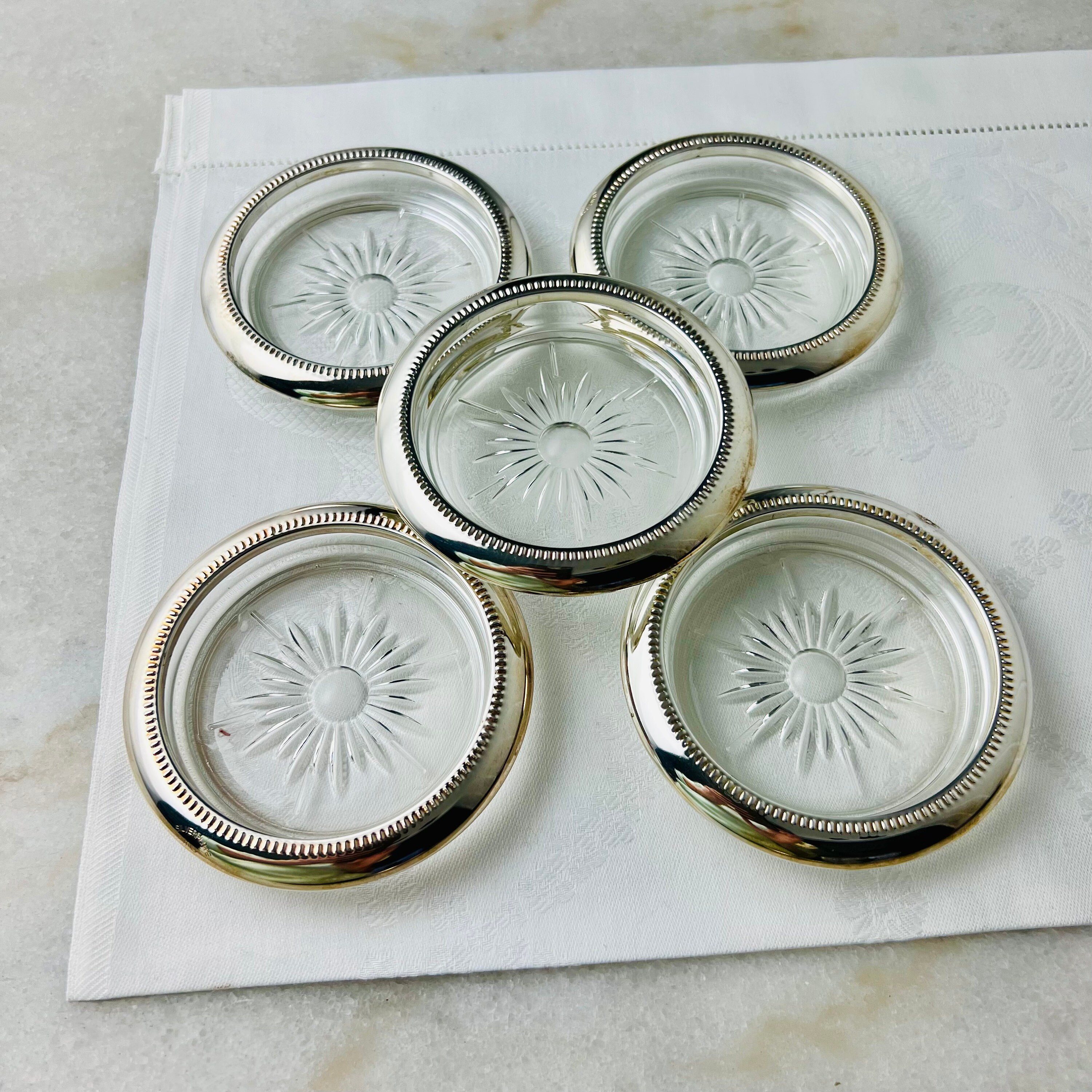 Vintage Silverplate Glass Coasters, Starburst Design, Art Deco Barware ...