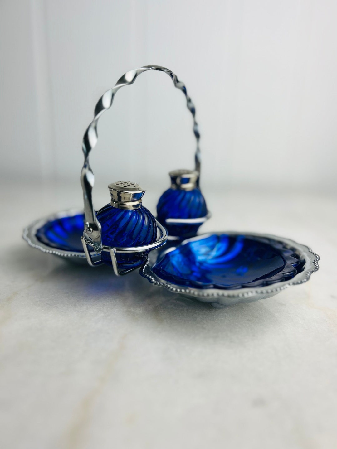 Vintage Cobalt Blue Glass Condiment Set, With Salt and Pepper, Chromium ...