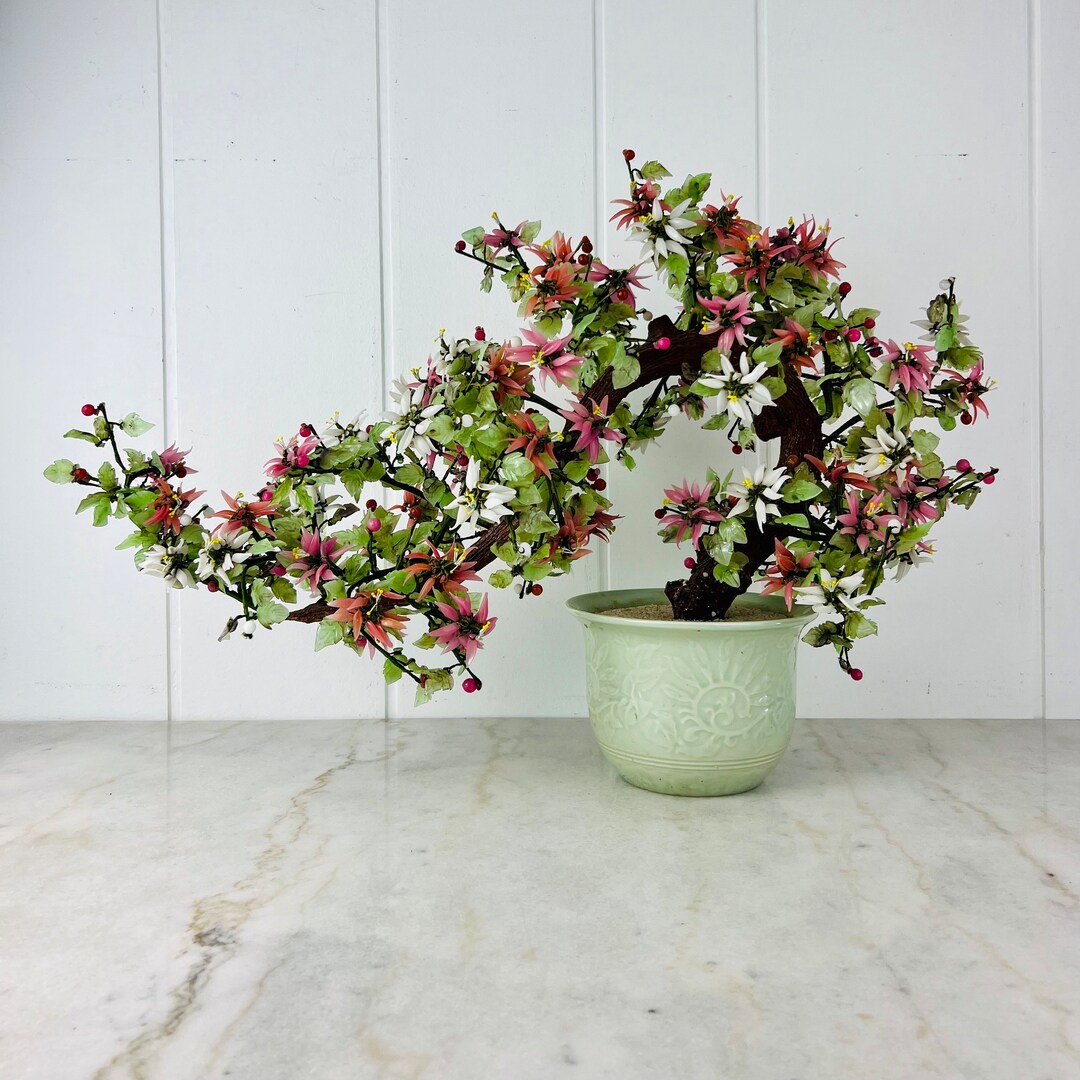 Vintage Jade Glass Tree, Very Large, Chinese Decorative Cherry Tree in ...