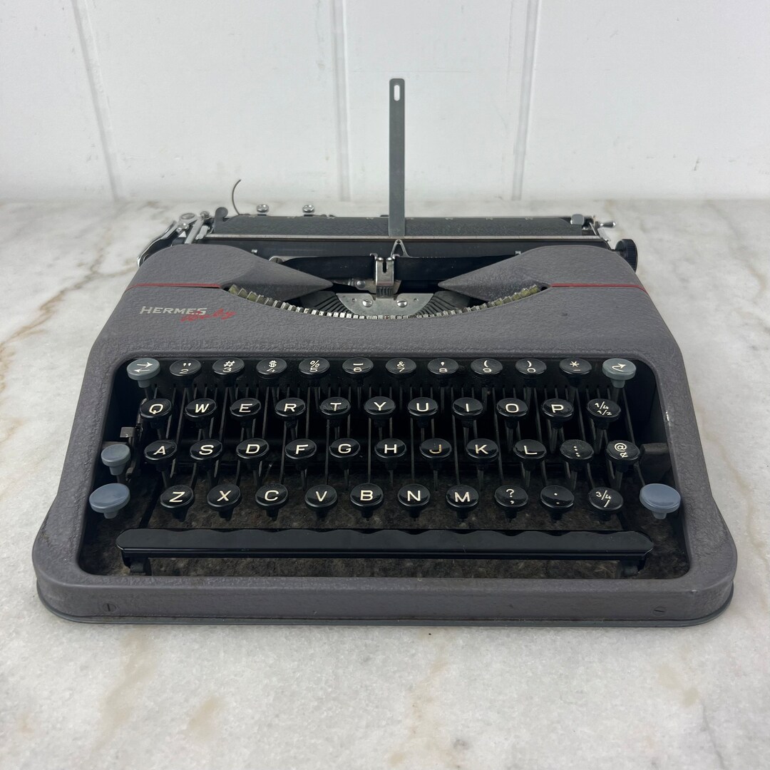 Antique 1945 Hermes Baby Typewriter, Grey, Metal Case, QWERTY Keyboard ...