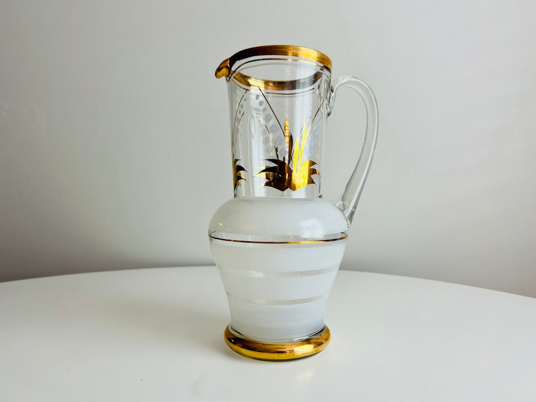 Vintage Frosted Glass Pitcher, Gold Leaf Gold Trim, Large Size, for ...