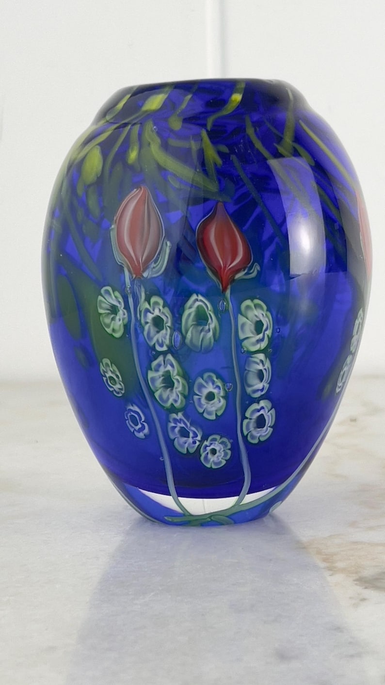 Vintage Arthur Kusak Art Glass Millefiori Vase Cobalt Blue With Cased ...
